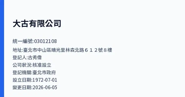 大古有限公司的照片-統編 03012108(臺北市) 公司登記資料與營業項目詳細圖表