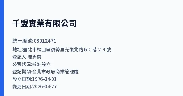千盟實業有限公司的照片-統編 03012471(臺北市) 公司登記資料與營業項目詳細圖表