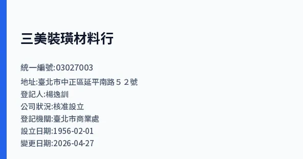 三美裝璜材料行的照片-統編 03027003(臺北市) 公司登記資料與營業項目詳細圖表