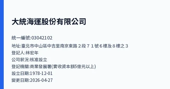 大統海運股份有限公司的照片-統編 03042102(臺北市) 公司登記資料與營業項目詳細圖表