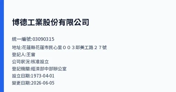 博德工業股份有限公司的照片-統編 03090315(花蓮縣) 公司登記資料與營業項目詳細圖表