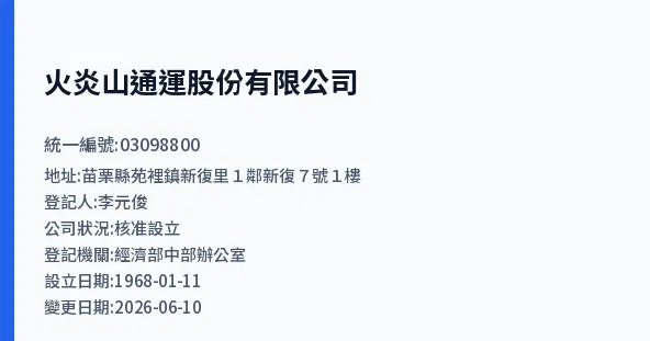火炎山通運股份有限公司的照片-統編 03098800(苗栗縣) 公司登記資料與營業項目詳細圖表