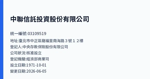 中聯信託投資股份有限公司的照片-統編 03109519(臺北市) 公司登記資料與營業項目詳細圖表