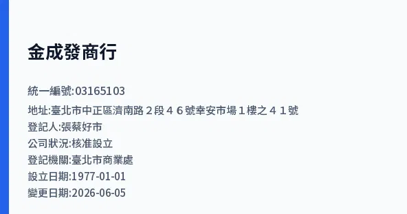 金成發商行的照片-統編 03165103(臺北市) 公司登記資料與營業項目詳細圖表