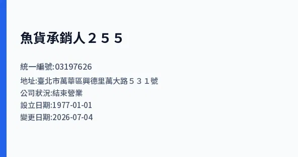 魚貨承銷人255的照片-統編 03197626(臺北市) 公司登記資料與營業項目詳細圖表