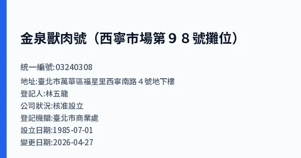 金泉獸肉號(西寧市場第98號攤位)的照片-統編 03240308(臺北市) 公司登記資料與營業項目詳細圖表