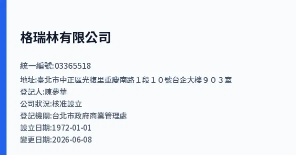 格瑞林有限公司的照片-統編 03365518(臺北市) 公司登記資料與營業項目詳細圖表