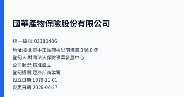 國華產物保險股份有限公司的照片-統編 03380406(臺北市) 公司登記資料與營業項目詳細圖表
