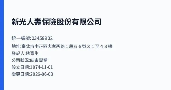新光人壽保險股份有限公司的照片-統編 03458902(臺北市) 公司登記資料與營業項目詳細圖表