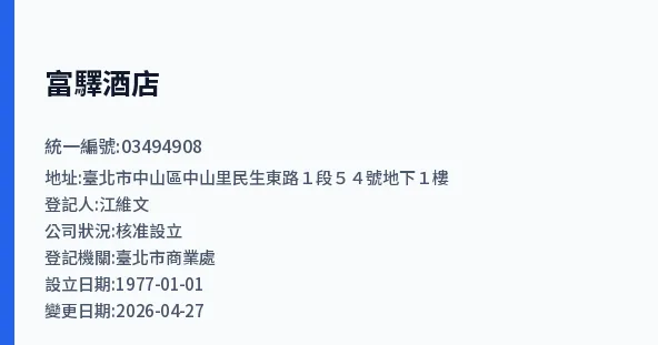 富驛酒店的照片-統編 03494908(臺北市) 公司登記資料與營業項目詳細圖表