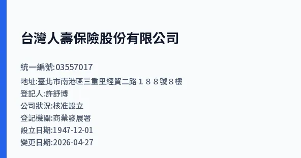 台灣人壽保險股份有限公司的照片-統編 03557017(臺北市) 公司登記資料與營業項目詳細圖表