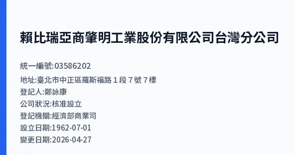賴比瑞亞商肇明工業股份有限公司台灣分公司的照片-統編 03586202(臺北市) 公司登記資料與營業項目詳細圖表