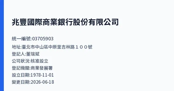 兆豐國際商業銀行股份有限公司的照片-統編 03705903(臺北市) 公司登記資料與營業項目詳細圖表