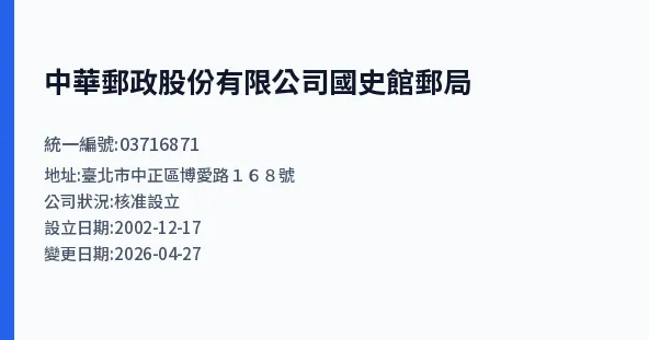 中華郵政股份有限公司國史館郵局的照片-統編 03716871(臺北市) 公司登記資料與營業項目詳細圖表