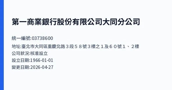 第一商業銀行股份有限公司大同分公司的照片-統編 03738600(臺北市) 公司登記資料與營業項目詳細圖表