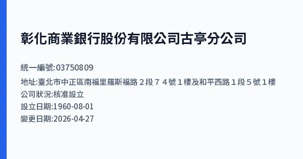 彰化商業銀行股份有限公司古亭分公司的照片-統編 03750809(臺北市) 公司登記資料與營業項目詳細圖表