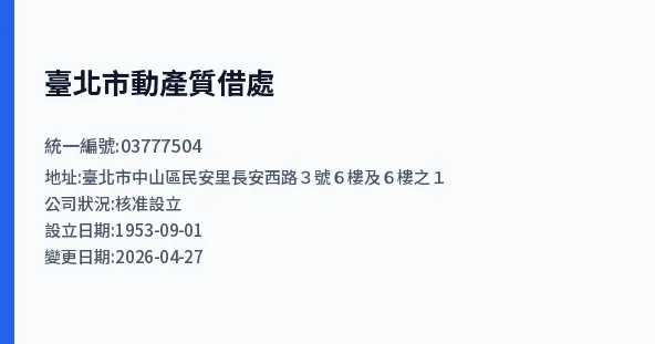 臺北市動產質借處的照片-統編 03777504(臺北市) 公司登記資料與營業項目詳細圖表