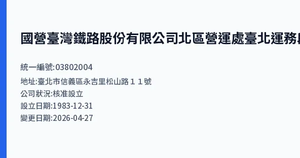 國營臺灣鐵路股份有限公司北區營運處臺北運務段松山站的照片-統編 03802004(臺北市) 公司登記資料與營業項目詳細圖表