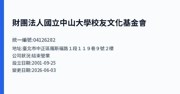 財團法人國立中山大學校友文化基金會的照片-統編 04126282(臺北市) 公司登記資料與營業項目詳細圖表
