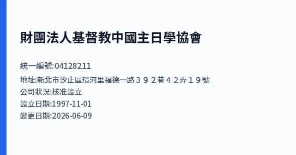 財團法人基督教中國主日學協會的照片-統編 04128211(新北市) 公司登記資料與營業項目詳細圖表