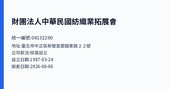 財團法人中華民國紡織業拓展會的照片-統編 04132290(臺北市) 公司登記資料與營業項目詳細圖表