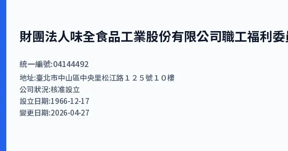 財團法人味全食品工業股份有限公司職工福利委員會的照片-統編 04144492(臺北市) 公司登記資料與營業項目詳細圖表