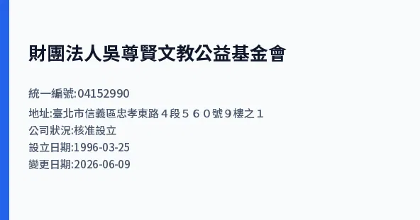 財團法人吳尊賢文教公益基金會的照片-統編 04152990(臺北市) 公司登記資料與營業項目詳細圖表