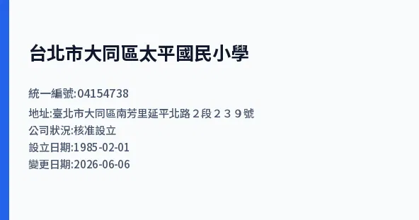 台北市大同區太平國民小學的照片-統編 04154738(臺北市) 公司登記資料與營業項目詳細圖表