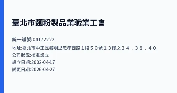 臺北市麵粉製品業職業工會的照片-統編 04172222(臺北市) 公司登記資料與營業項目詳細圖表