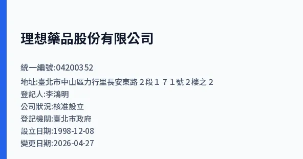 理想藥品股份有限公司的照片-統編 04200352(臺北市) 公司登記資料與營業項目詳細圖表