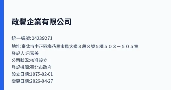 政豐企業有限公司的照片-統編 04239271(臺北市) 公司登記資料與營業項目詳細圖表