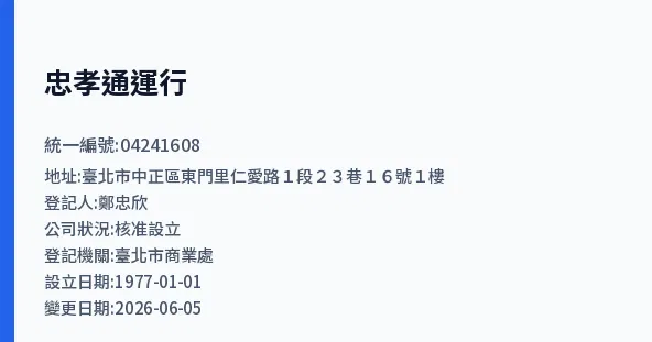 忠孝通運行的照片-統編 04241608(臺北市) 公司登記資料與營業項目詳細圖表