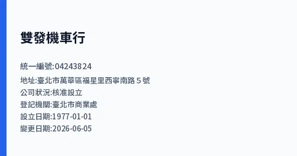 雙發機車行的照片-統編 04243824(臺北市) 公司登記資料與營業項目詳細圖表