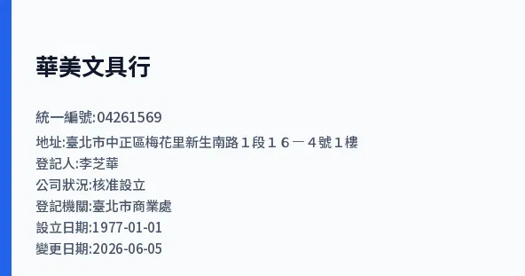 華美文具行的照片-統編 04261569(臺北市) 公司登記資料與營業項目詳細圖表