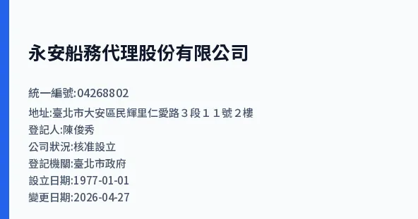永安船務代理股份有限公司的照片-統編 04268802(臺北市) 公司登記資料與營業項目詳細圖表