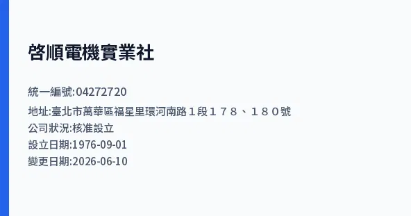 啓順電機實業社的照片-統編 04272720(臺北市) 公司登記資料與營業項目詳細圖表