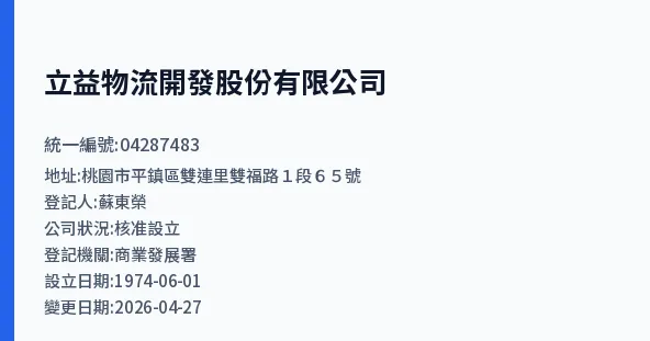 立益物流開發股份有限公司的照片-統編 04287483(桃園市) 公司登記資料與營業項目詳細圖表