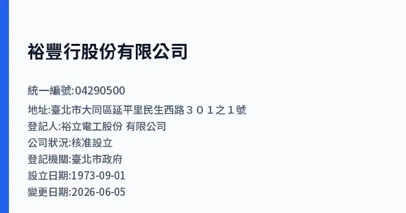 裕豐行股份有限公司的照片-統編 04290500(臺北市) 公司登記資料與營業項目詳細圖表