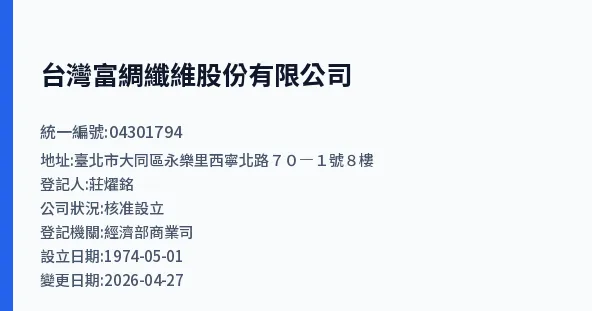 台灣富綢纖維股份有限公司的照片-統編 04301794(臺北市) 公司登記資料與營業項目詳細圖表
