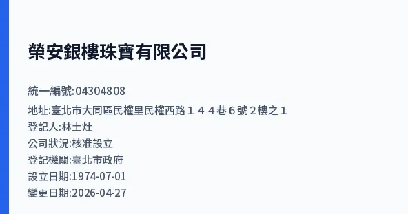 榮安銀樓珠寶有限公司的照片-統編 04304808(臺北市) 公司登記資料與營業項目詳細圖表