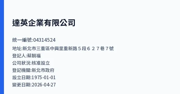 達英企業有限公司的照片-統編 04314524(新北市) 公司登記資料與營業項目詳細圖表