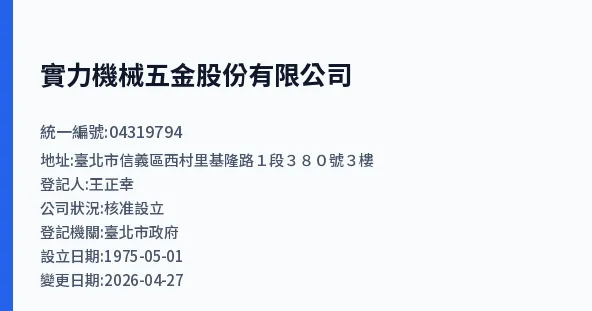 實力機械五金股份有限公司的照片-統編 04319794(臺北市) 公司登記資料與營業項目詳細圖表
