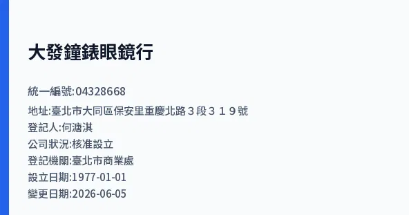 大發鐘錶眼鏡行的照片-統編 04328668(臺北市) 公司登記資料與營業項目詳細圖表