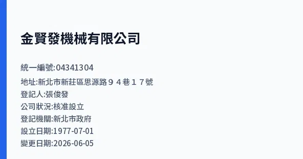 金賢發機械有限公司的照片-統編 04341304(新北市) 公司登記資料與營業項目詳細圖表