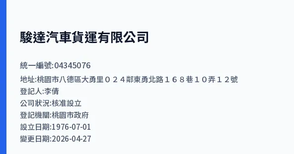 駿達汽車貨運有限公司的照片-統編 04345076(桃園市) 公司登記資料與營業項目詳細圖表