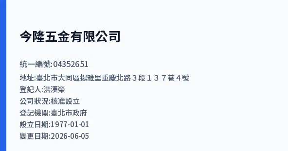 今隆五金有限公司的照片-統編 04352651(臺北市) 公司登記資料與營業項目詳細圖表