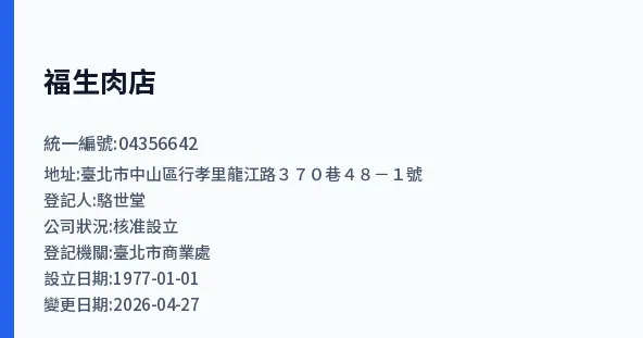 福生肉店的照片-統編 04356642(臺北市) 公司登記資料與營業項目詳細圖表