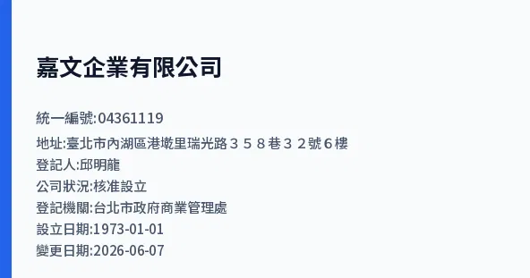 嘉文企業有限公司的照片-統編 04361119(臺北市) 公司登記資料與營業項目詳細圖表
