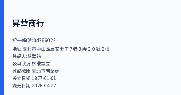 昇華商行的照片-統編 04366022(臺北市) 公司登記資料與營業項目詳細圖表