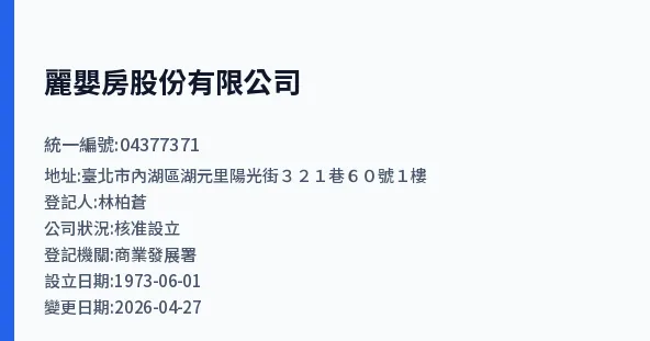 麗嬰房股份有限公司的照片-統編 04377371(臺北市) 公司登記資料與營業項目詳細圖表